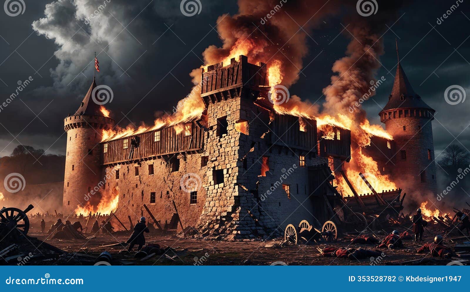 Medieval Castle Under Siege with Exploding Fire Stock Illustration ...