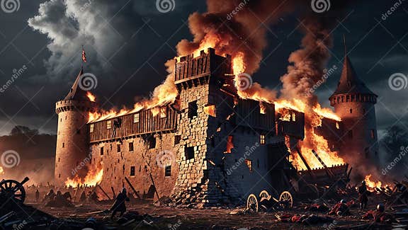 Medieval Castle Under Siege with Exploding Fire Stock Illustration ...