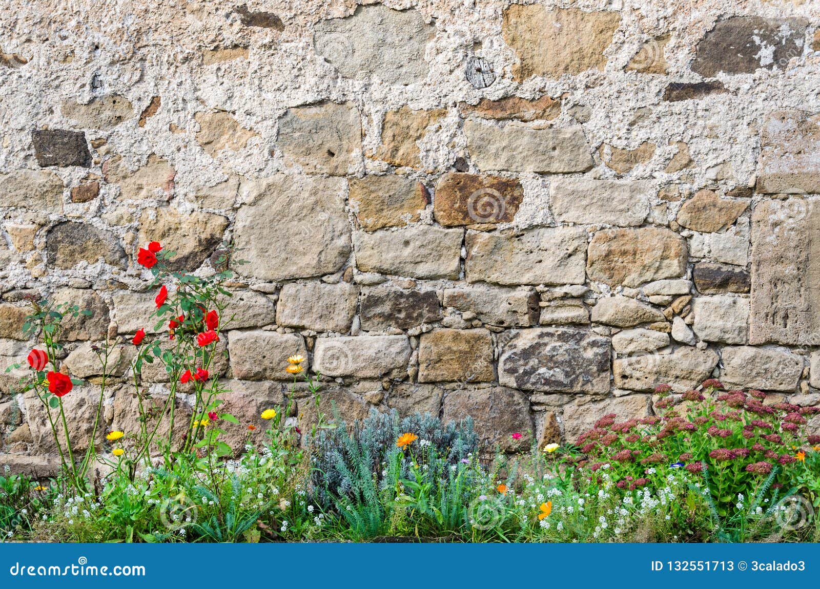 Medieval Castle Wall with Flower Garden Stock Image - Image of craft ...