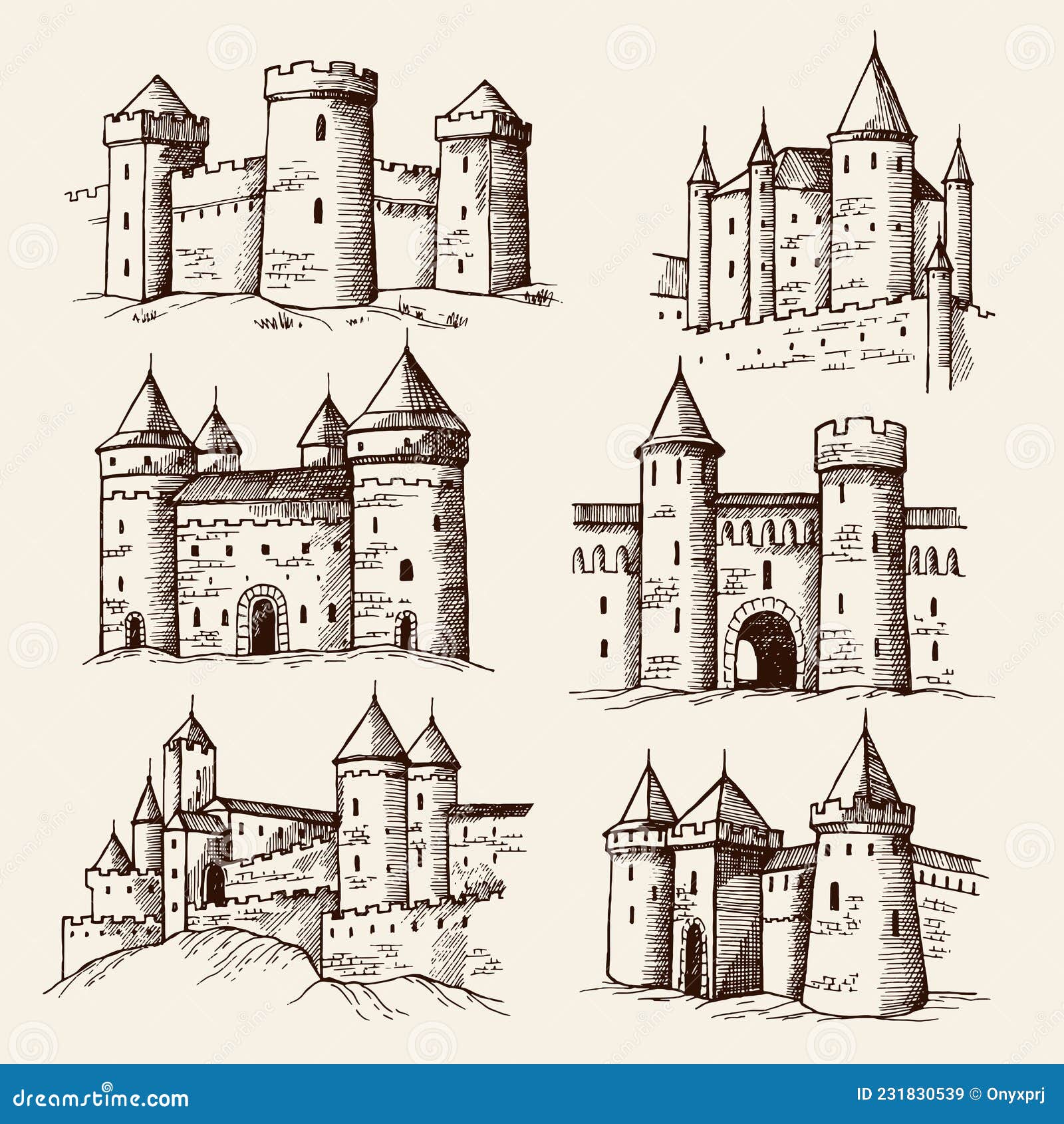 Medieval Castles. Drawing Ancient Building Towers Gothic Architectural ...