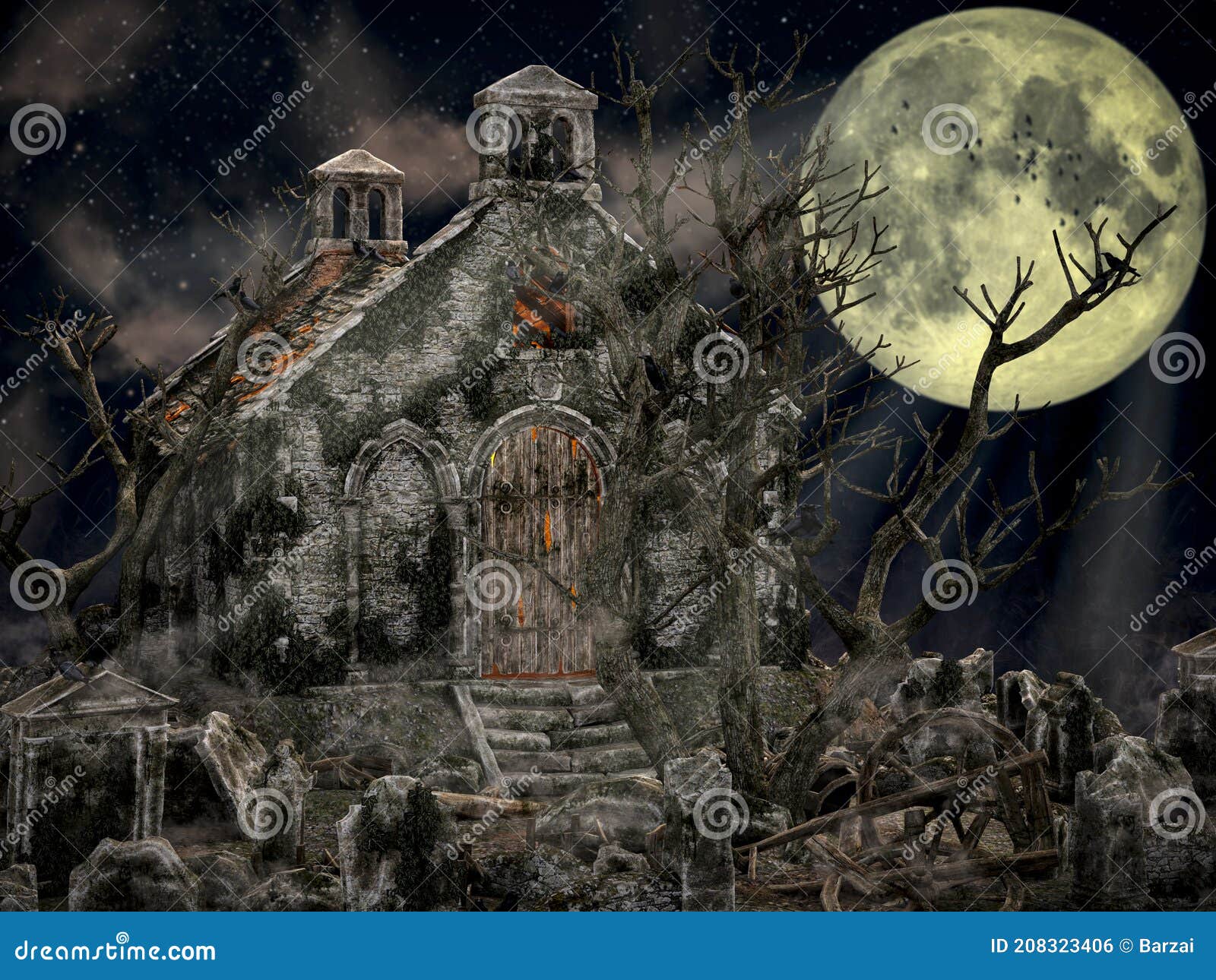 A Medieval Cemetery at Night. Stock Photo - Image of cemetery, person ...