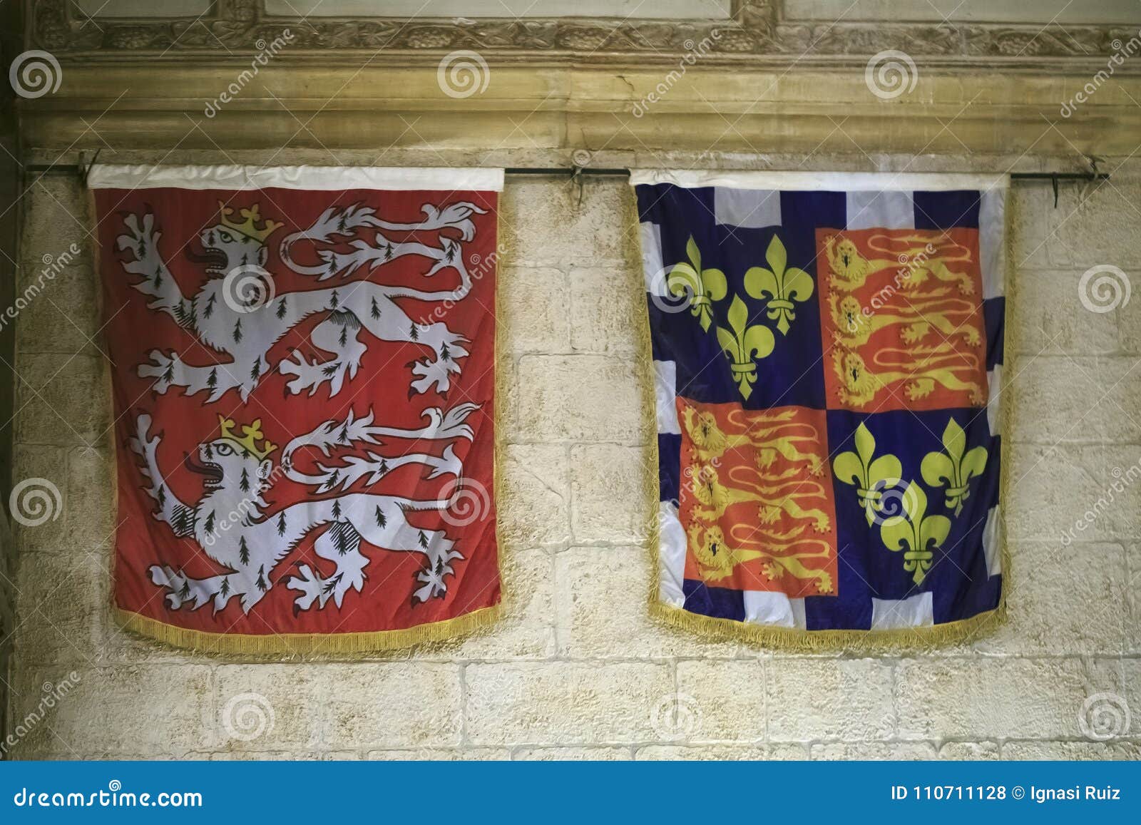 Medieval Colored Flag in a Castle Stock Photo - Image of peeling, place ...