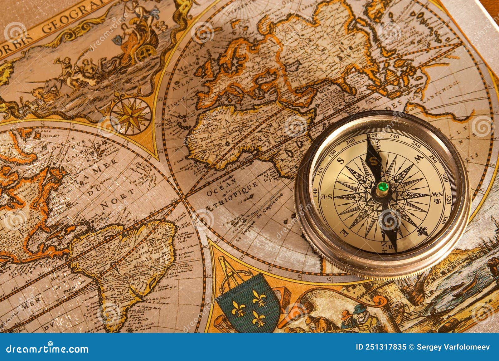 Medieval Compass on an Ancient World Map Stock Image - Image of ...