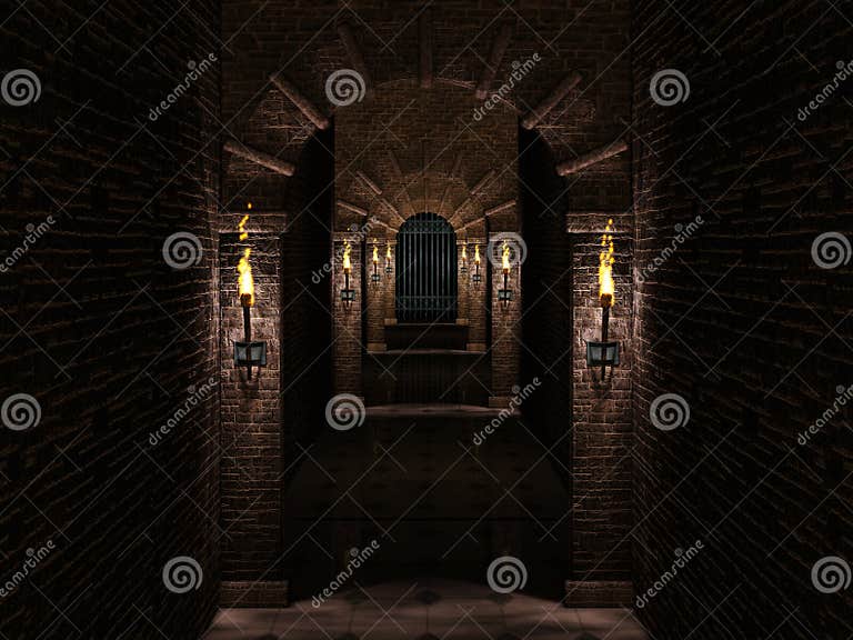 Medieval Corridor and Iron Castle Gate Stock Illustration ...