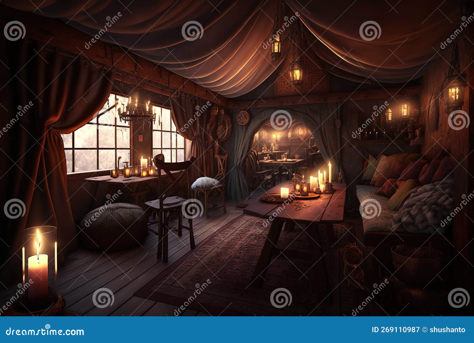 Medieval cosy interior stock illustration. Illustration of home - 269110987