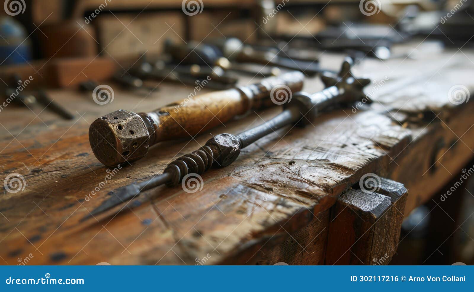 Medieval Craftsmanship: Diverse Array of Tools Adorn Antique Table ...
