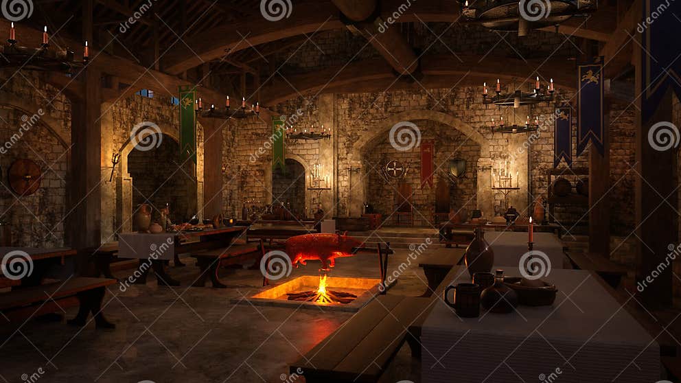 Medieval Dining Hall with Hog Roasting on an Open Fire. 3D Illustration ...