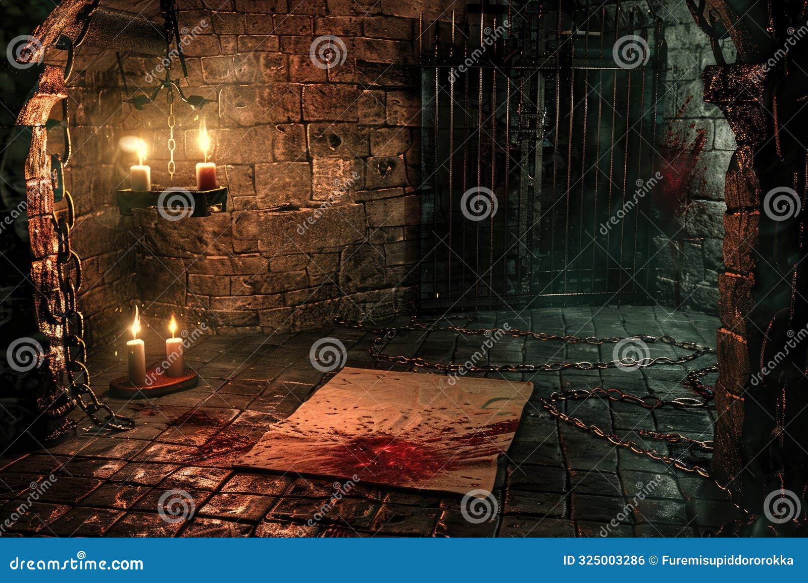A Medieval Dungeon with Flickering Torches, Iron Chains, and a Blank ...