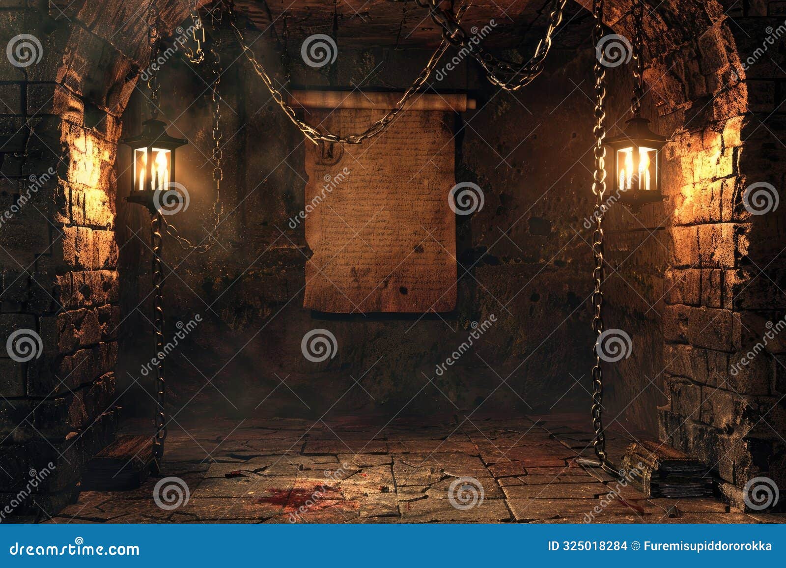 A Medieval Dungeon with Flickering Torches, Iron Chains, and a Blank ...