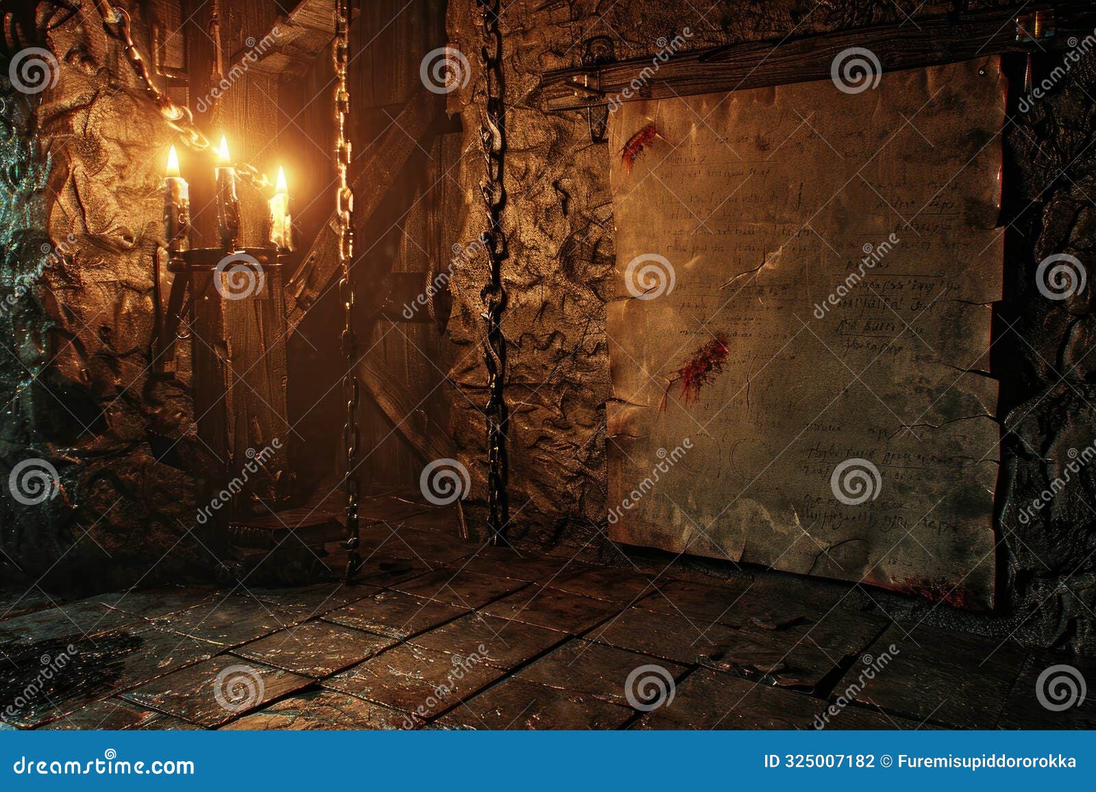 A Medieval Dungeon with Flickering Torches, Iron Chains, and a Blank ...