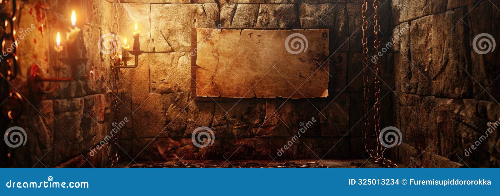 A Medieval Dungeon with Flickering Torches, Iron Chains, and a Blank ...