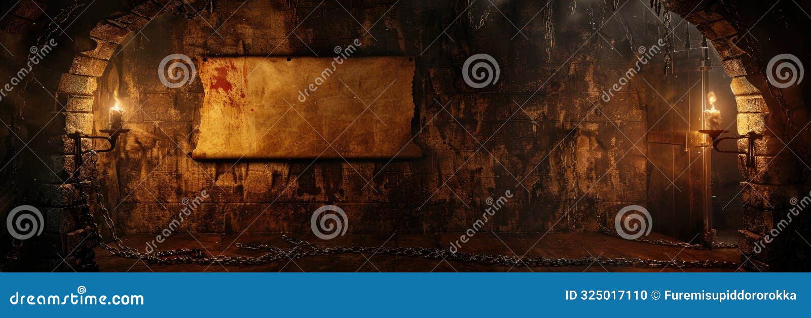A Medieval Dungeon with Flickering Torches, Iron Chains, and a Blank ...