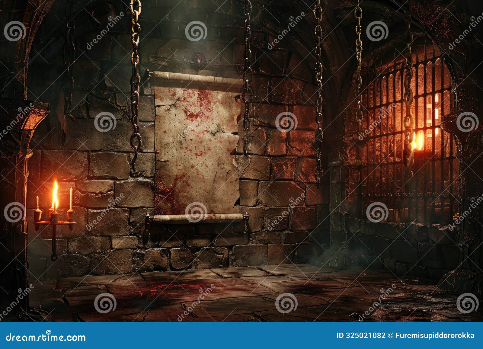 A Medieval Dungeon with Flickering Torches, Iron Chains, and a Blank ...