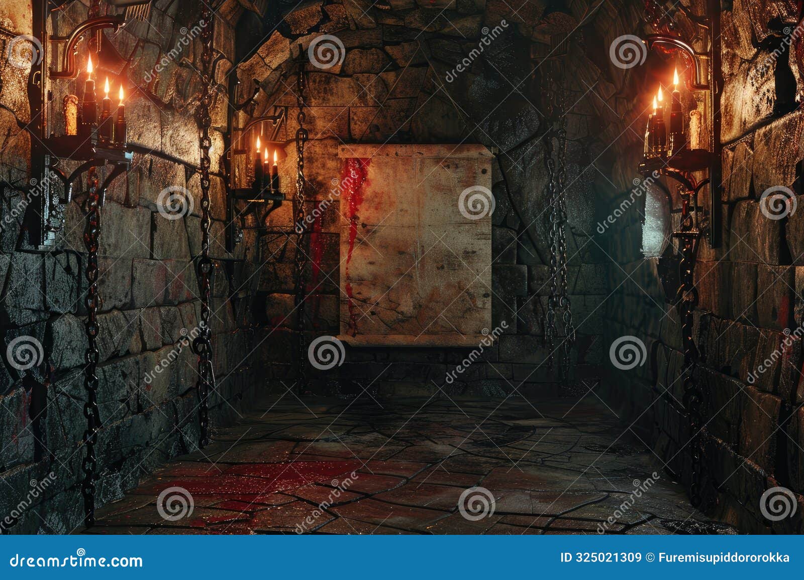 A Medieval Dungeon with Flickering Torches, Iron Chains, and a Blank ...