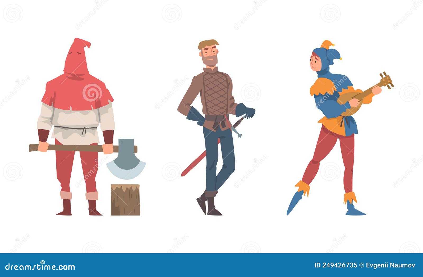 Medieval Executor or Headman with Sharp Axe and Jester Playing Lute ...