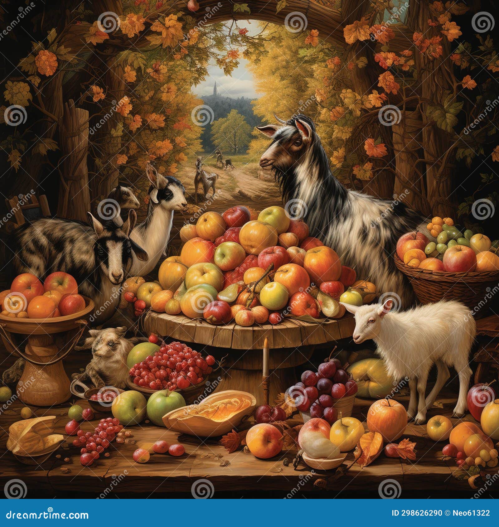 A Medieval Fall Cornucopia Table Overflowing Animal Happy People ...