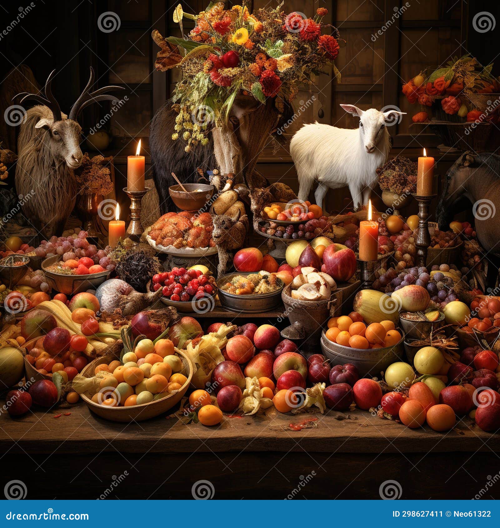 A Medieval Fall Cornucopia Table Overflowing Animal Happy People ...