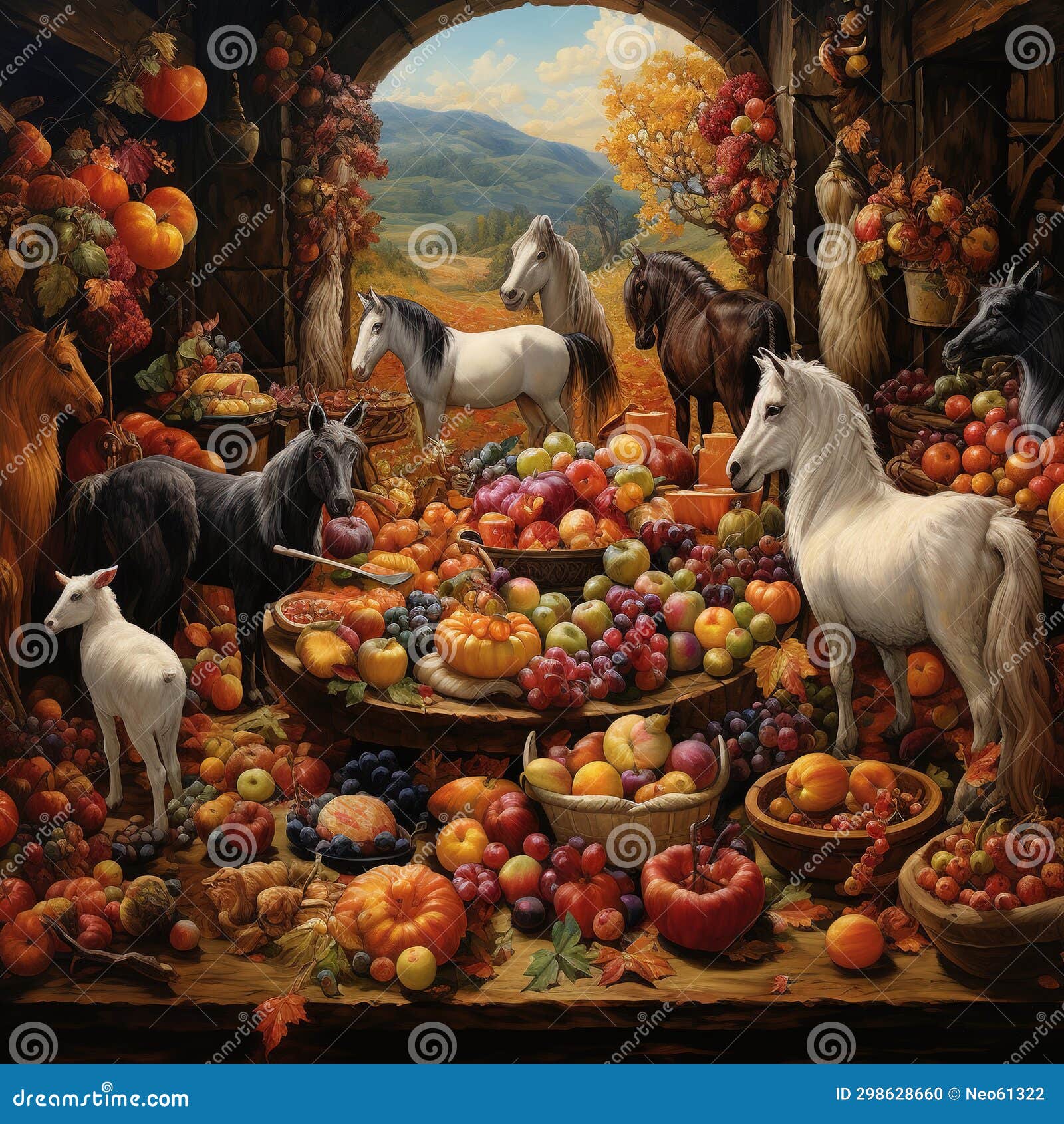 A Medieval Fall Cornucopia Table Overflowing Animal Happy People ...