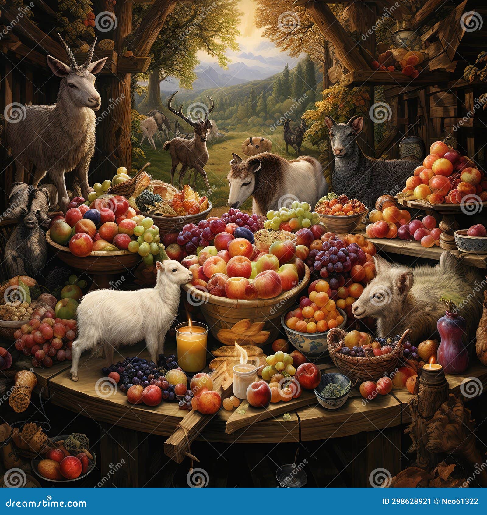 A Medieval Fall Cornucopia Table Overflowing Animal Happy People ...