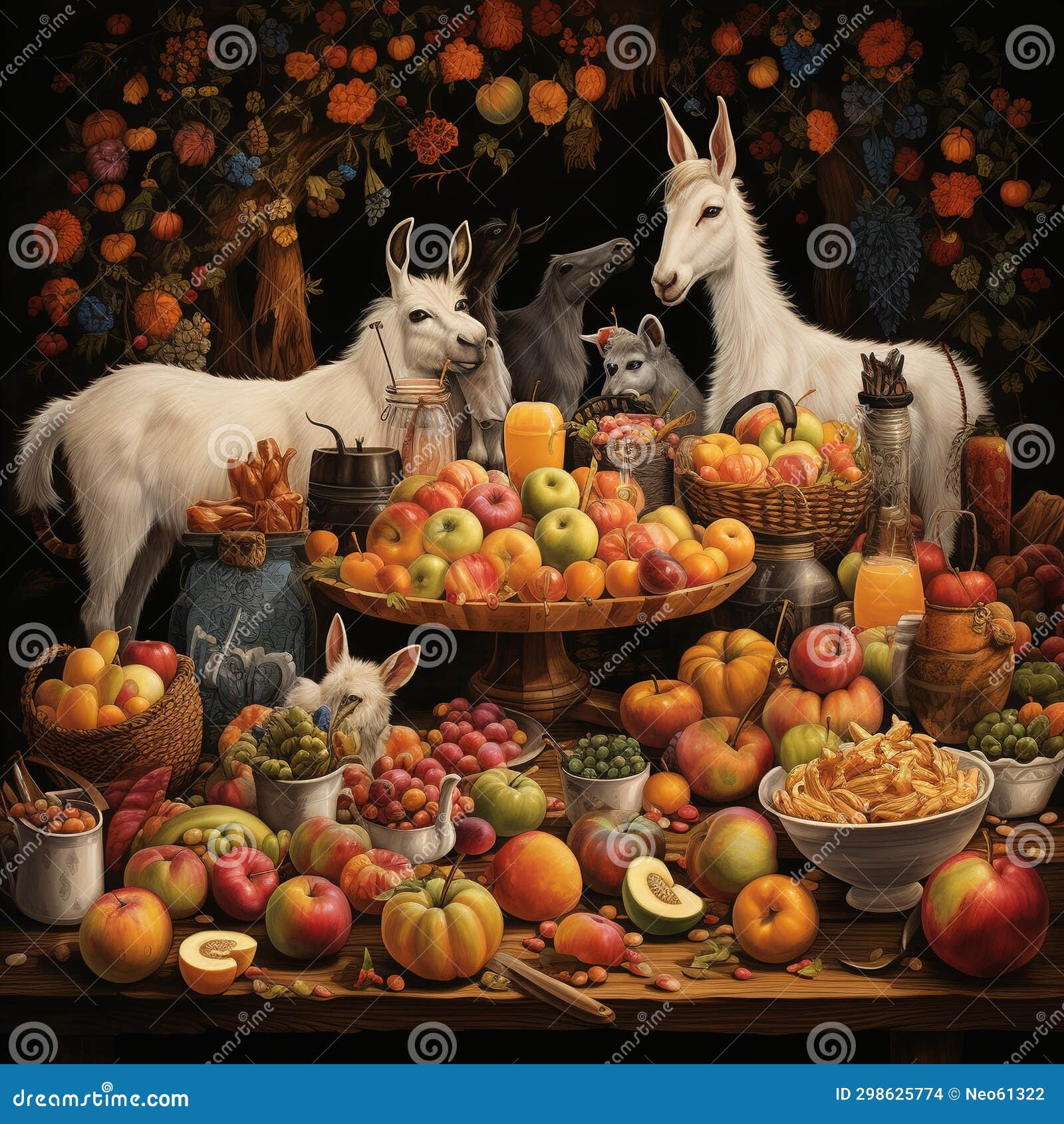 A Medieval Fall Cornucopia Table Overflowing Animal Happy People ...