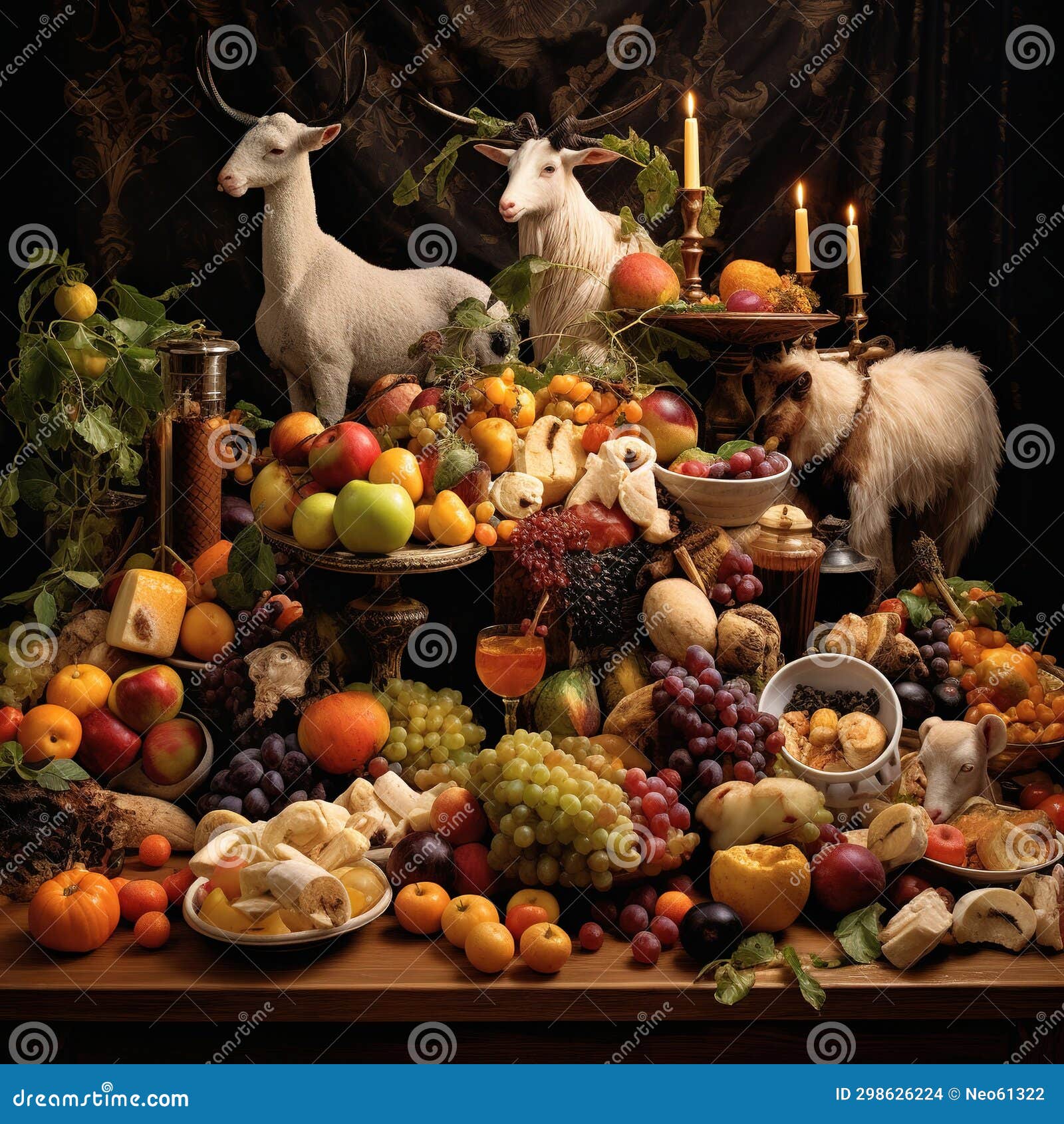 A Medieval Fall Cornucopia Table Overflowing Animal Happy People ...