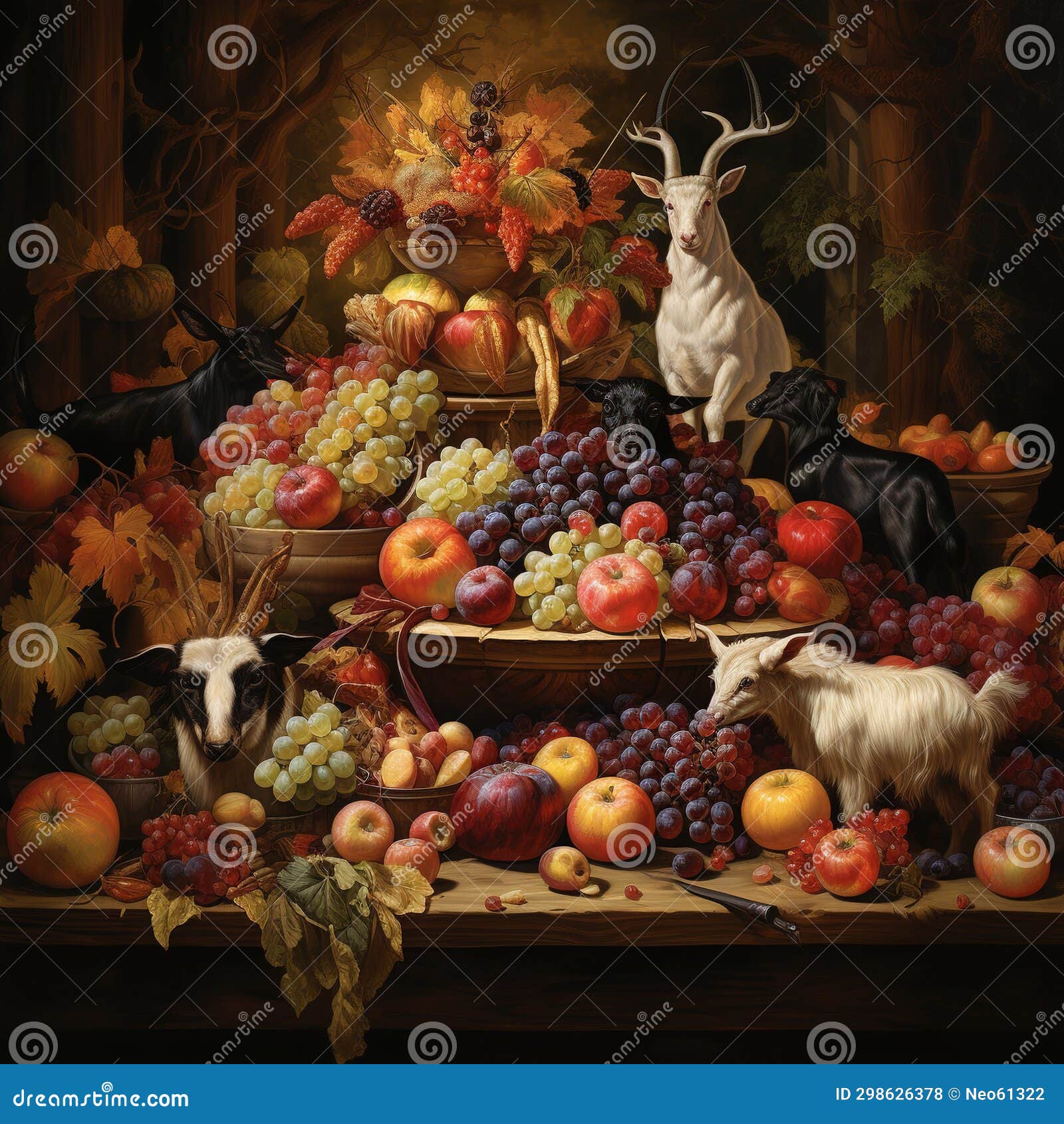 A Medieval Fall Cornucopia Table Overflowing Animal Happy People ...