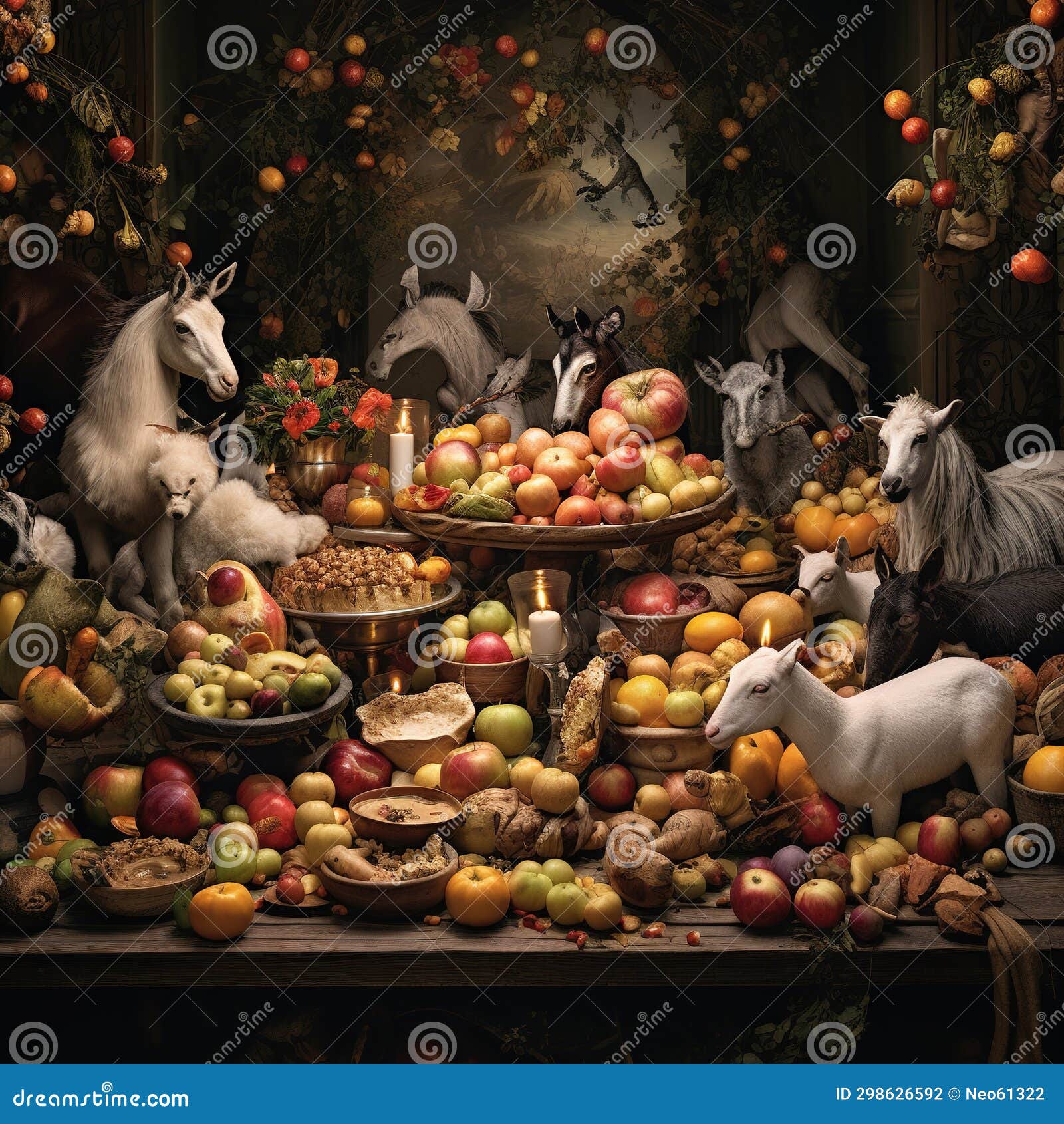 A Medieval Fall Cornucopia Table Overflowing Animal Happy People ...