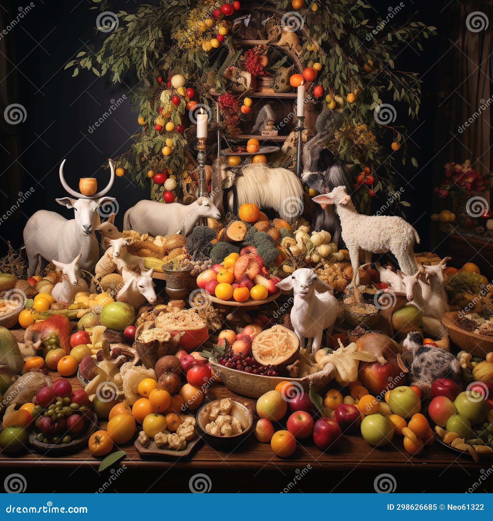 A Medieval Fall Cornucopia Table Overflowing Animal Happy People ...