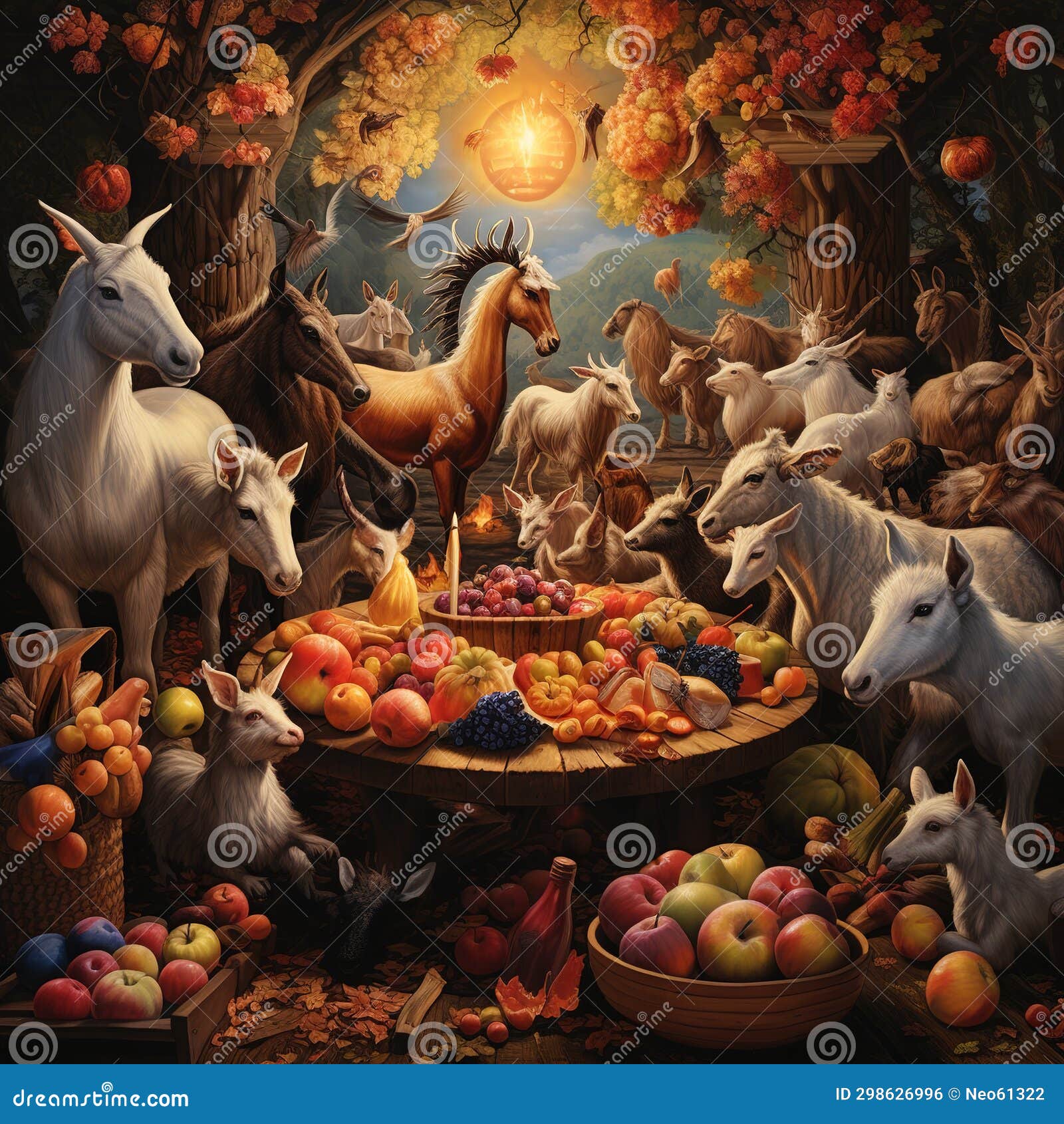 A Medieval Fall Cornucopia Table Overflowing Animal Happy People ...