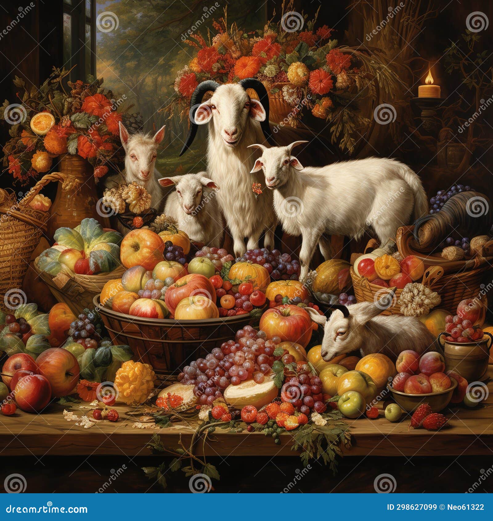 A Medieval Fall Cornucopia Table Overflowing Animal Happy People ...