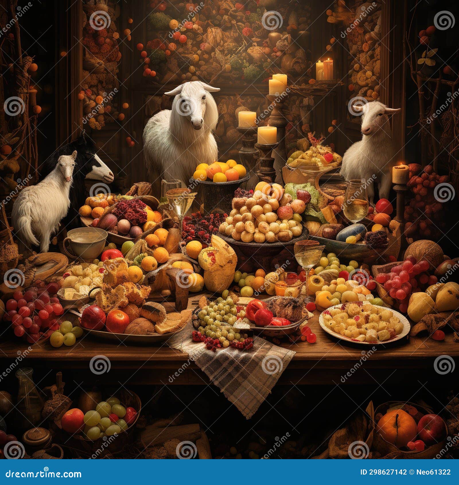 A Medieval Fall Cornucopia Table Overflowing Animal Happy People ...