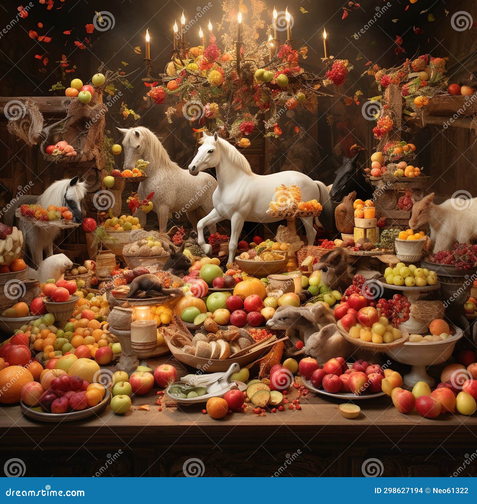 A Medieval Fall Cornucopia Table Overflowing Animal Happy People ...