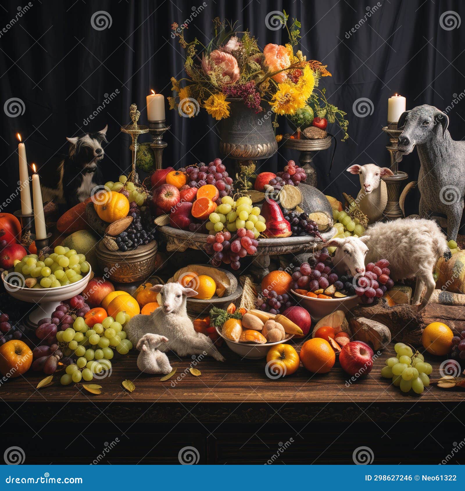 A Medieval Fall Cornucopia Table Overflowing Animal Happy People ...