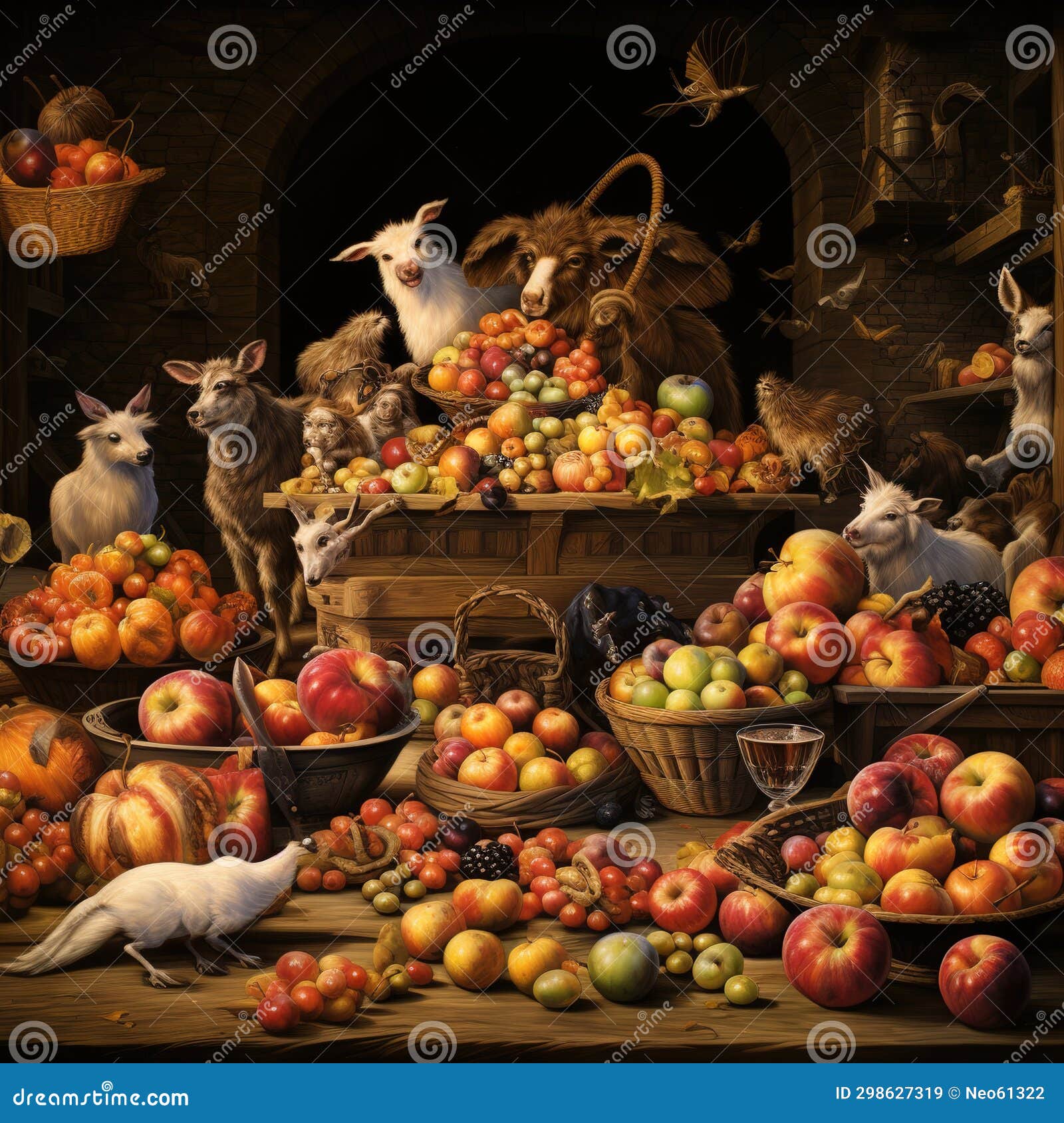 A Medieval Fall Cornucopia Table Overflowing Animal Happy People ...