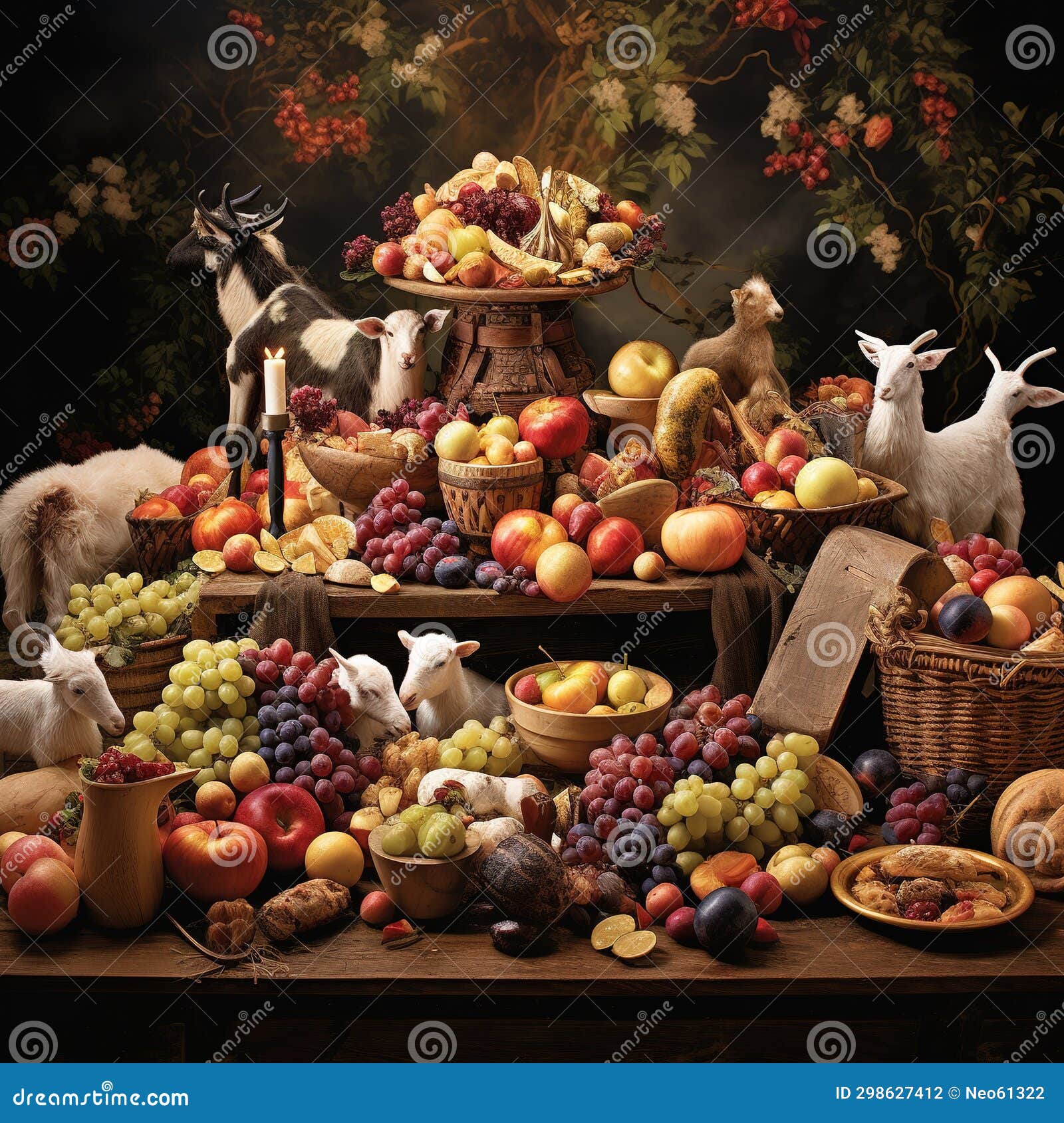 A Medieval Fall Cornucopia Table Overflowing Animal Happy People ...