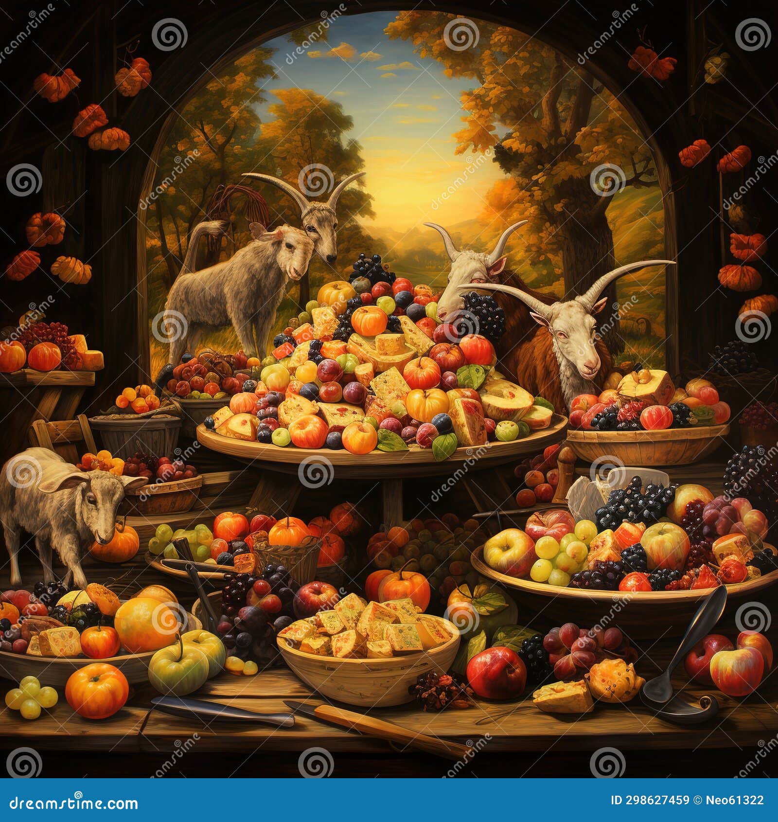 A Medieval Fall Cornucopia Table Overflowing Animal Happy People ...