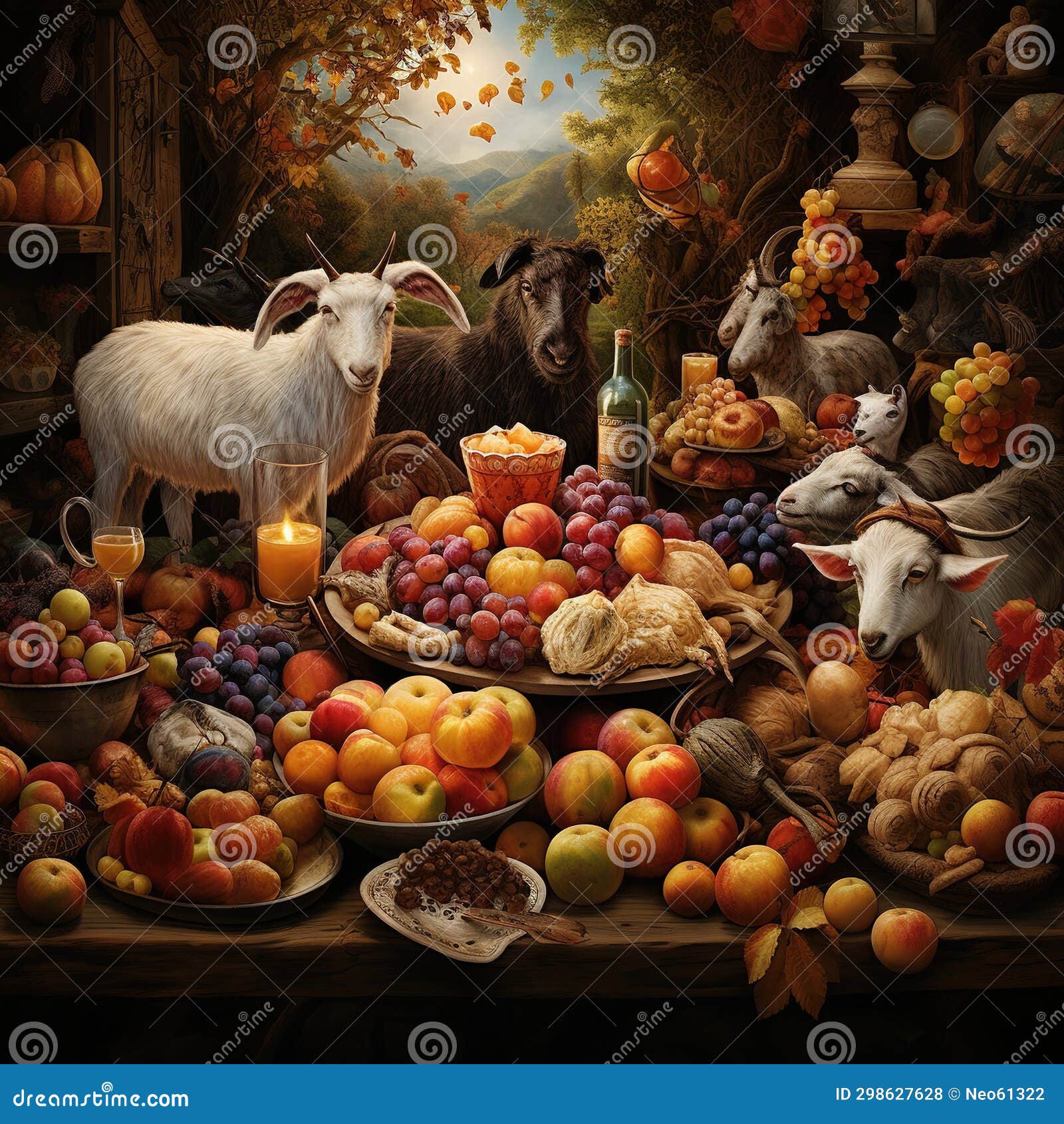 A Medieval Fall Cornucopia Table Overflowing Animal Happy People ...