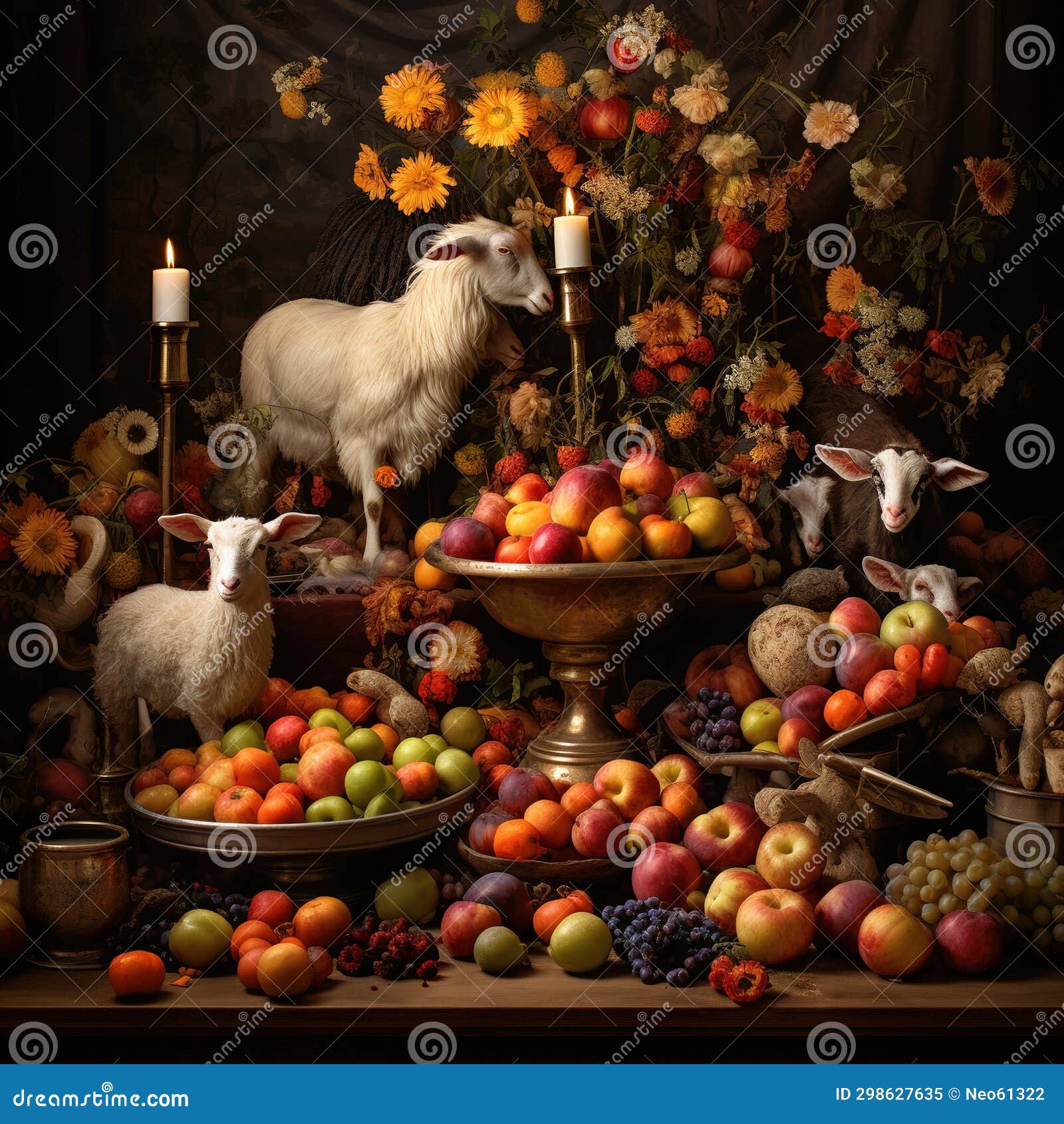 A Medieval Fall Cornucopia Table Overflowing Animal Happy People ...