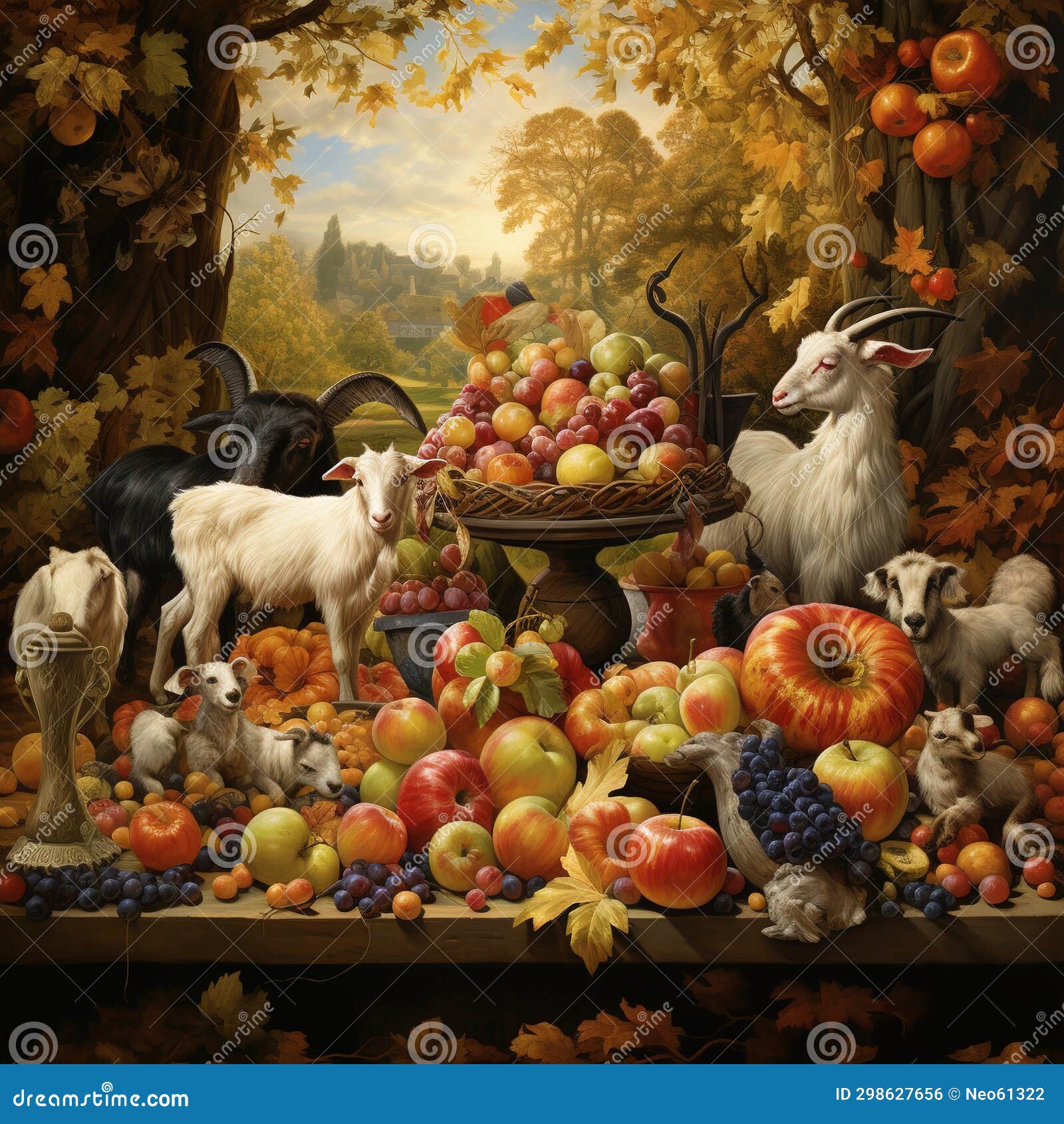 A Medieval Fall Cornucopia Table Overflowing Animal Happy People ...