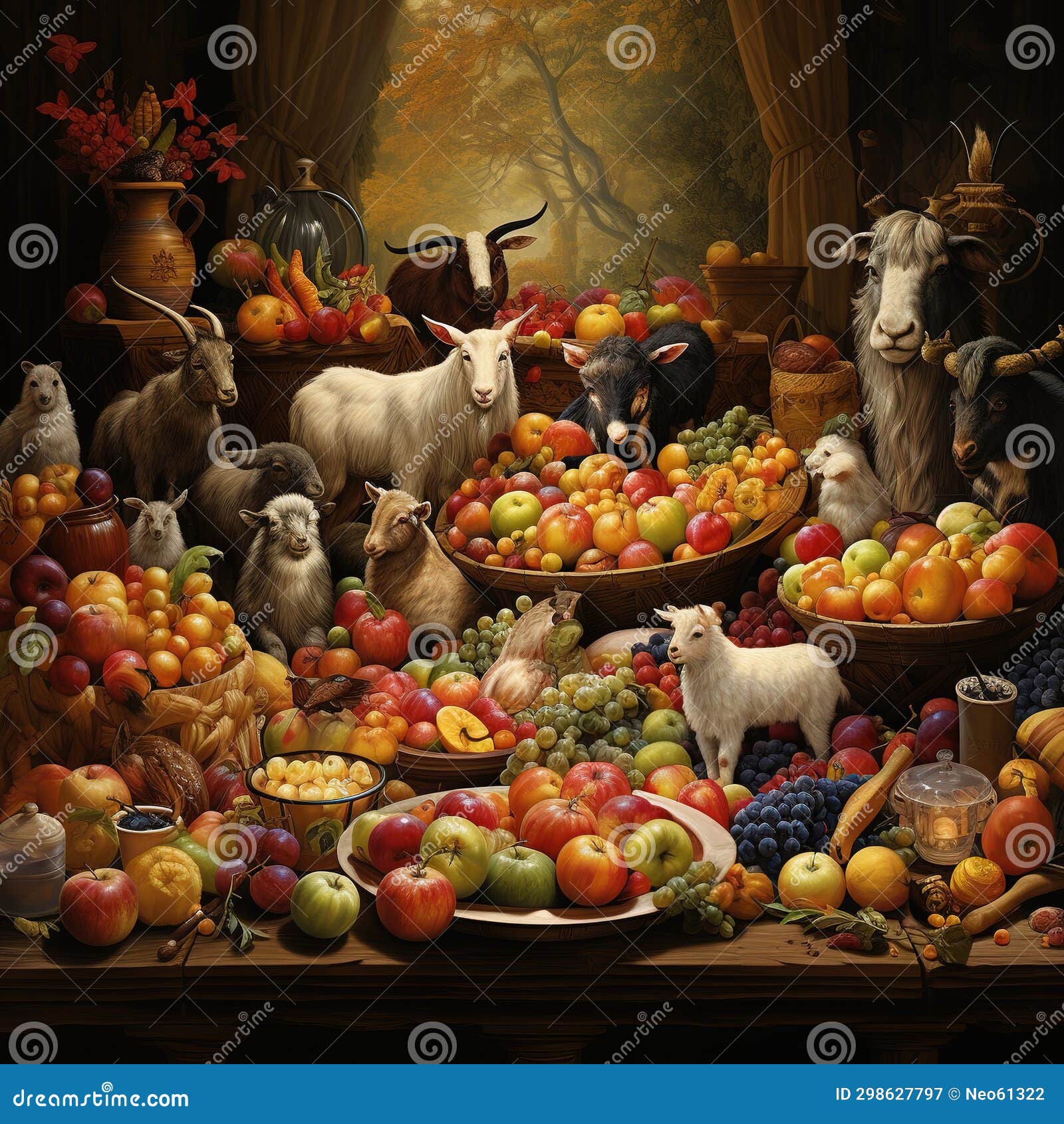 A Medieval Fall Cornucopia Table Overflowing Animal Happy People ...
