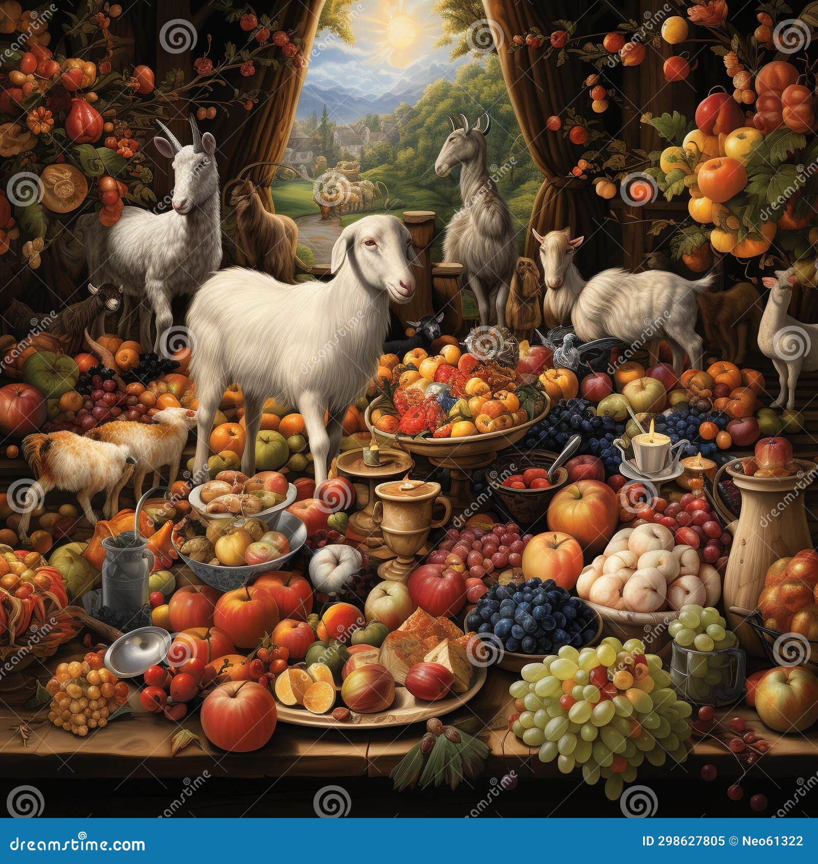 A Medieval Fall Cornucopia Table Overflowing Animal Happy People ...