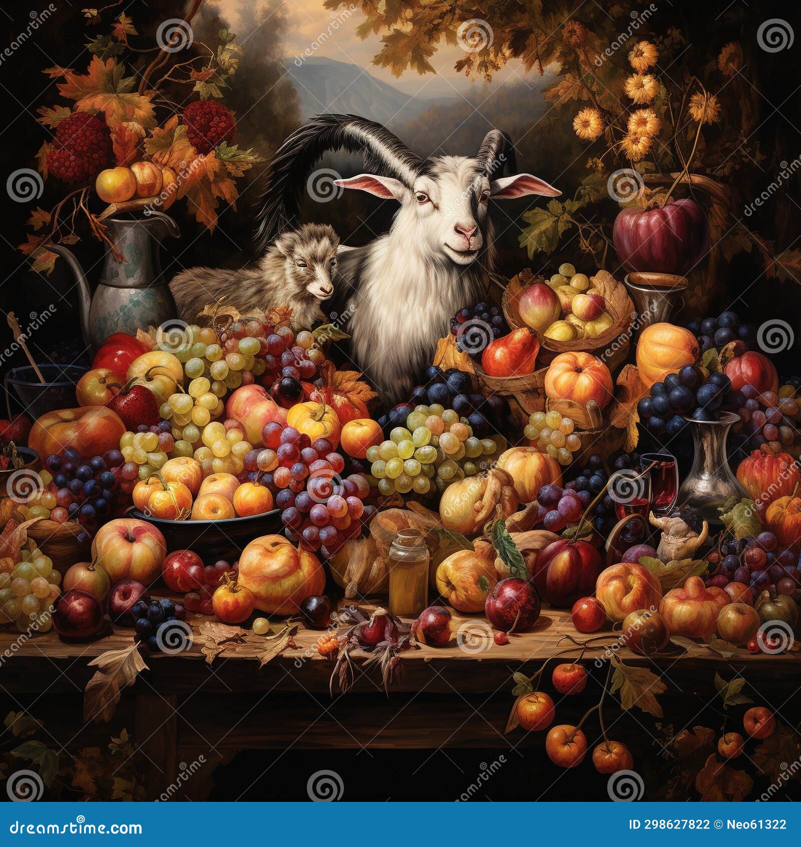 A Medieval Fall Cornucopia Table Overflowing Animal Happy People ...