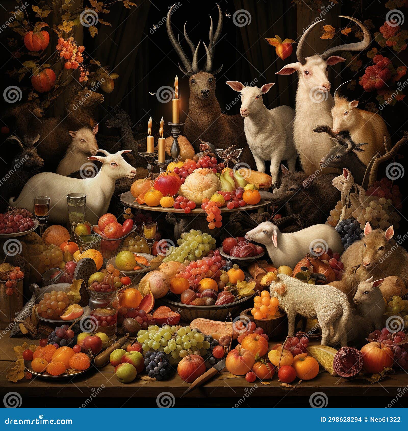 A Medieval Fall Cornucopia Table Overflowing Animal Happy People ...