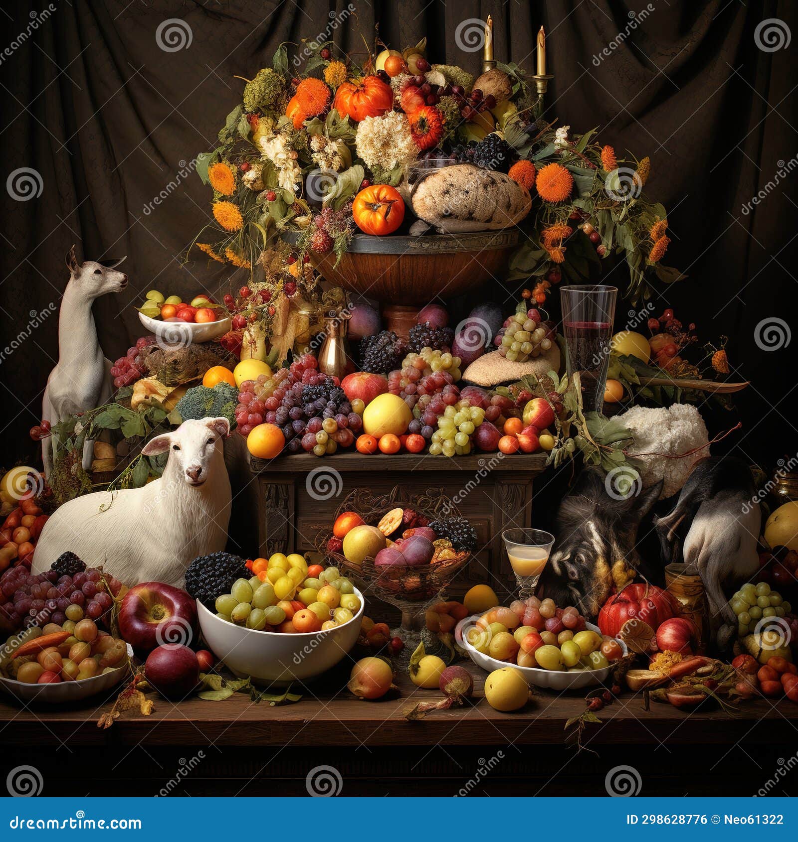 A Medieval Fall Cornucopia Table Overflowing Animal Happy People ...