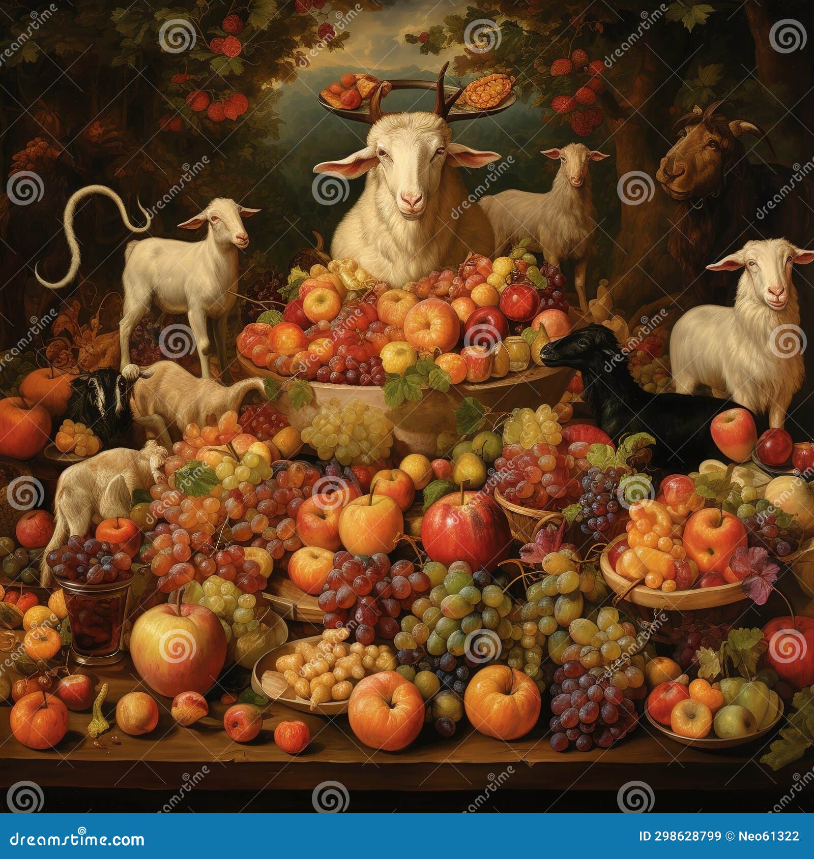 A Medieval Fall Cornucopia Table Overflowing Animal Happy People ...