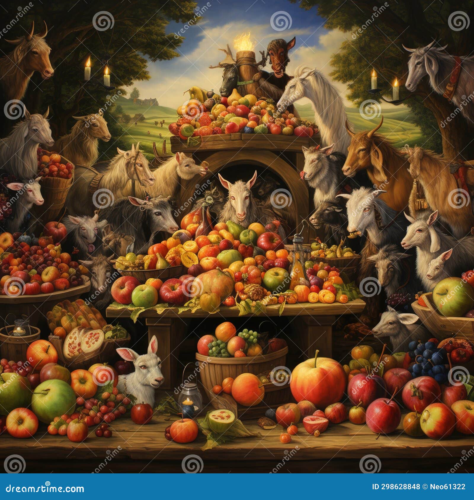 A Medieval Fall Cornucopia Table Overflowing Animal Happy People ...