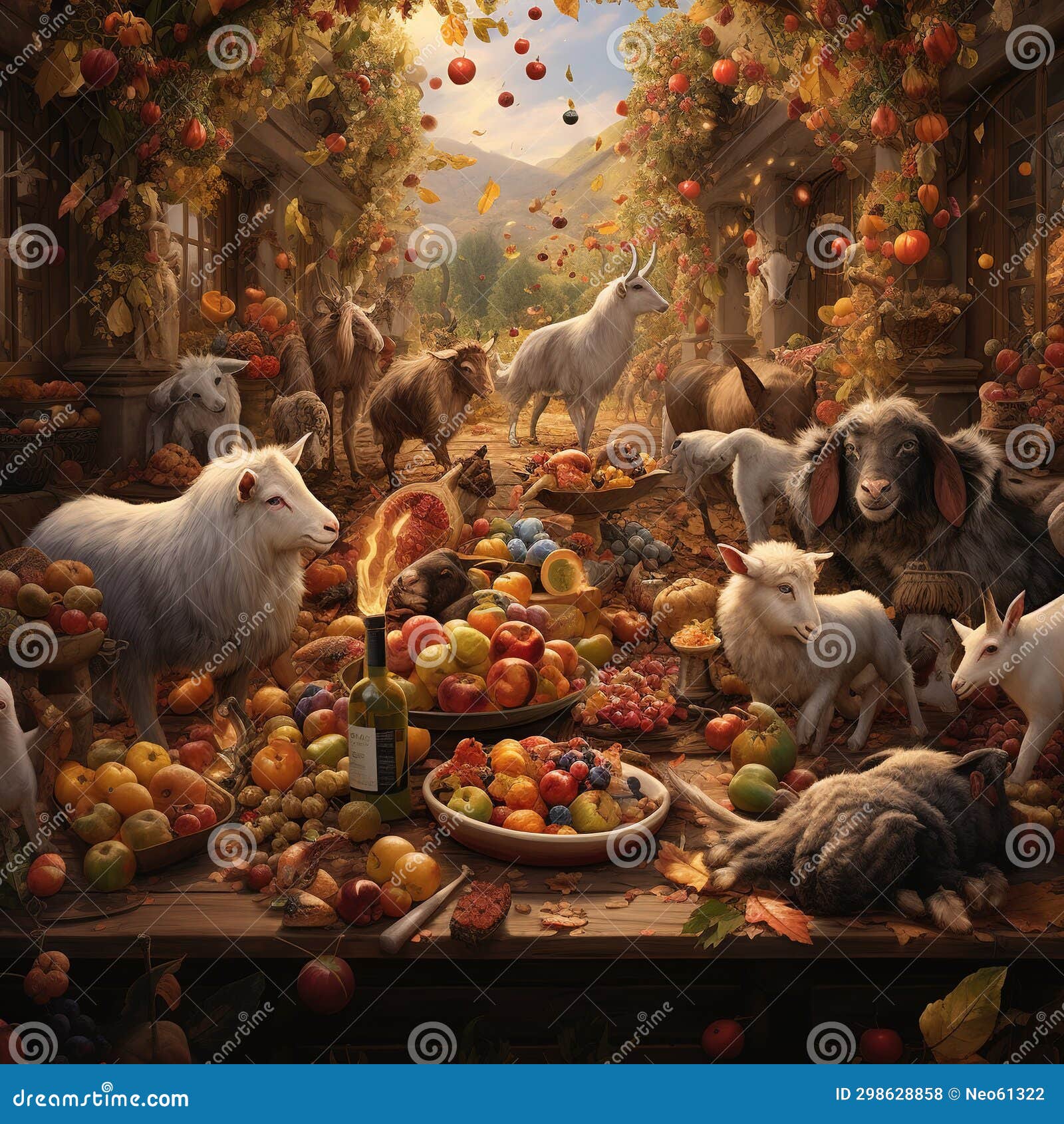 A Medieval Fall Cornucopia Table Overflowing Animal Happy People ...