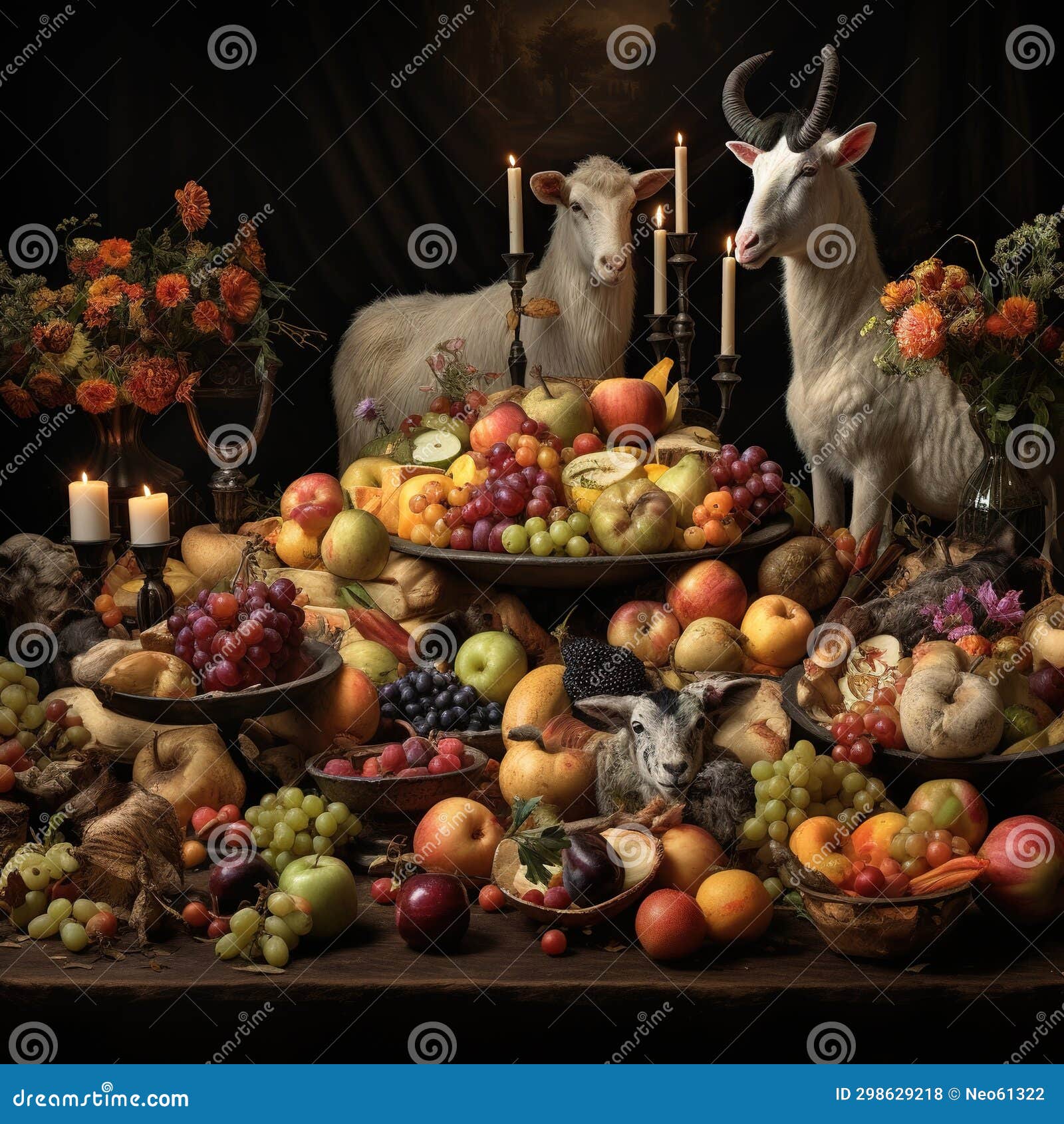 A Medieval Fall Cornucopia Table Overflowing Animal Happy People ...