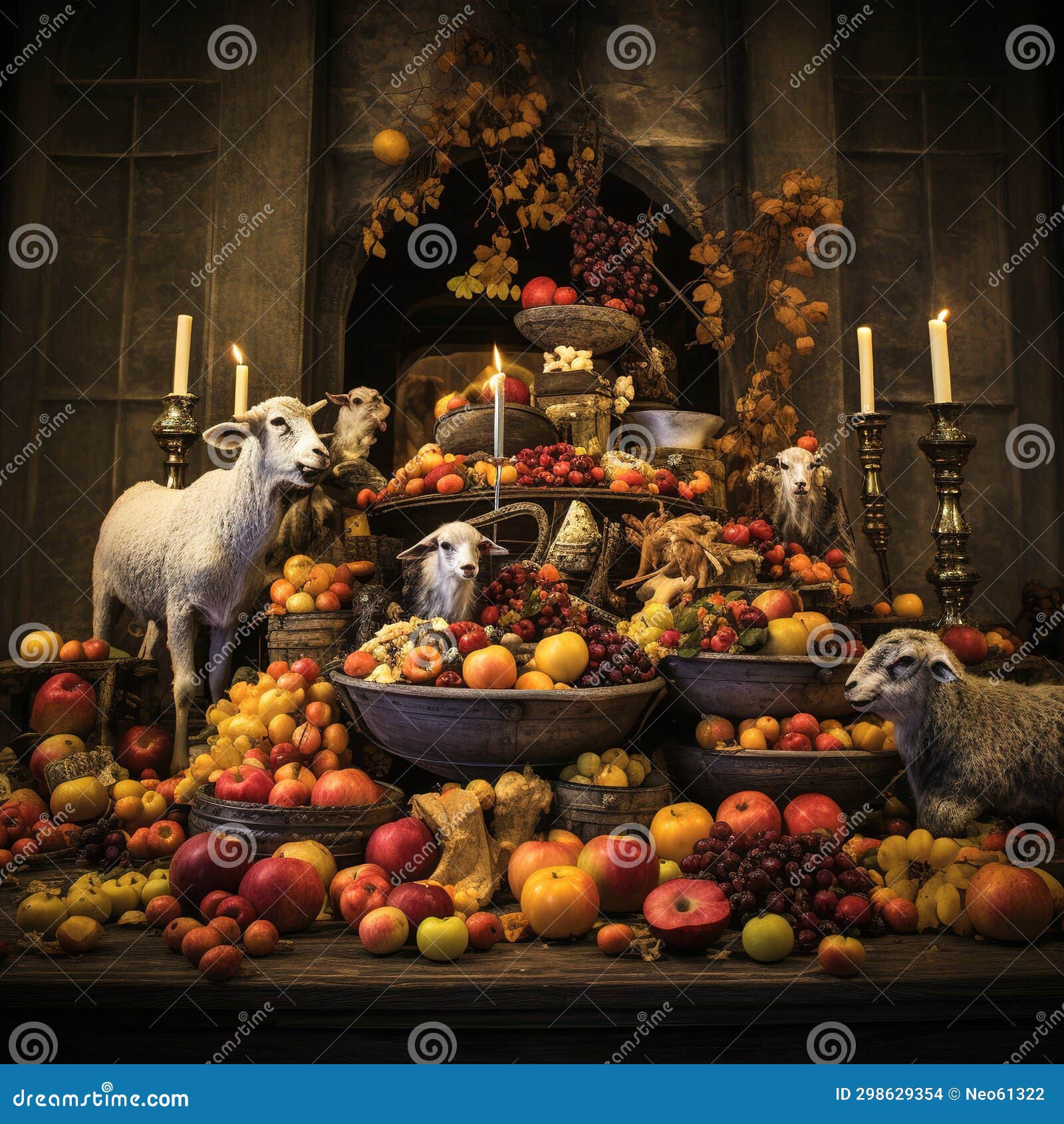 A Medieval Fall Cornucopia Table Overflowing Animal Happy People ...