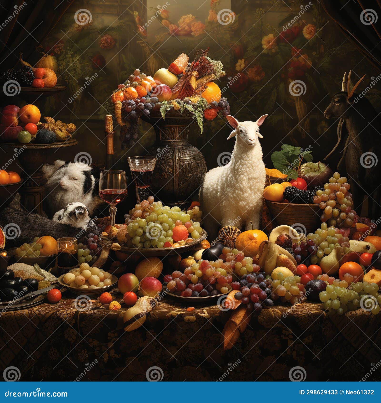 A Medieval Fall Cornucopia Table Overflowing Animal Happy People ...